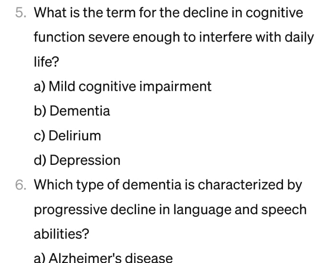 Solved What is the term for the decline in cognitive | Chegg.com