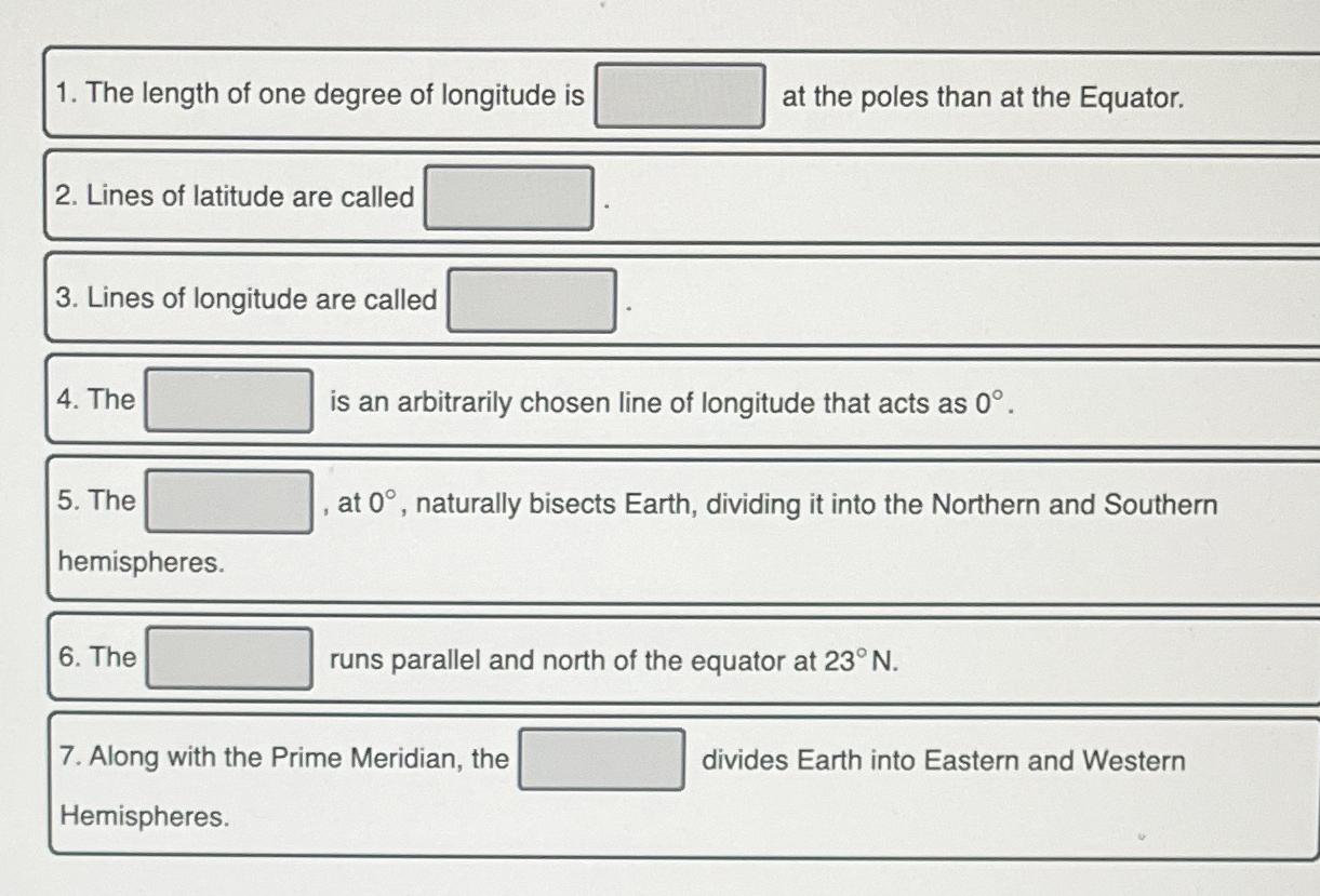 Solved The length of one degree of longitude is at the poles | Chegg.com