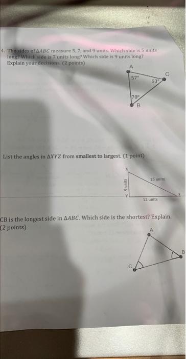 Solved 4. The sides of ABC measure 5,7 , and 9 uniss. | Chegg.com