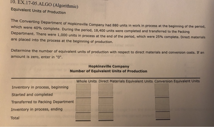 Solved 10. EX.17-05.ALGO (Algorithmic) Equivalent Units of | Chegg.com