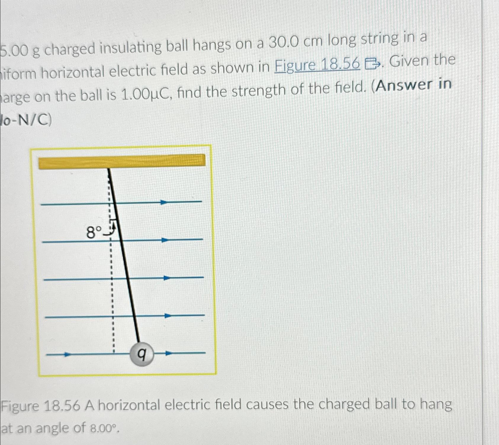 Solved 5.00g charged insulating ball hangs on a 30.0cm long | Chegg.com