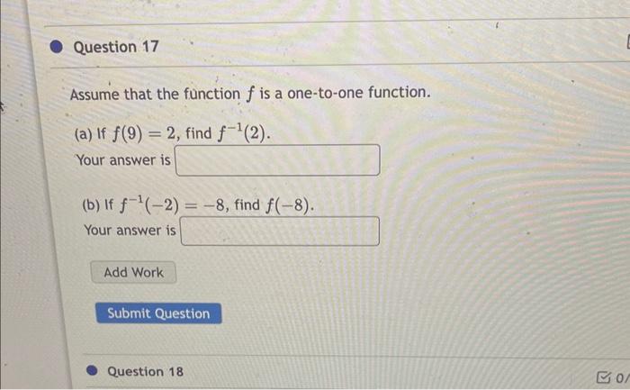 Solved f(9)=2, find f answer is ff−1(−2)=−8 | Chegg.com