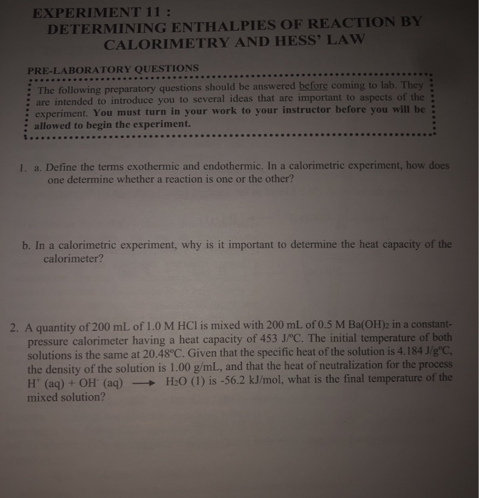 Solved EXPERIMENT 11 : DETERMINING ENTHALPIES OF REACTION BY | Chegg.com