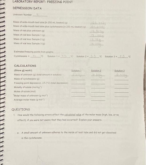 Solved LABORATORY REPORT: FREEZING POINT DEPRESSION DATA | Chegg.com