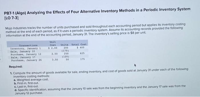 Solved PB7-1 (Algo) Analyzing the Effects of Four | Chegg.com