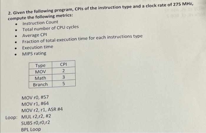 Solved 2. Given the following program, CPls of the | Chegg.com