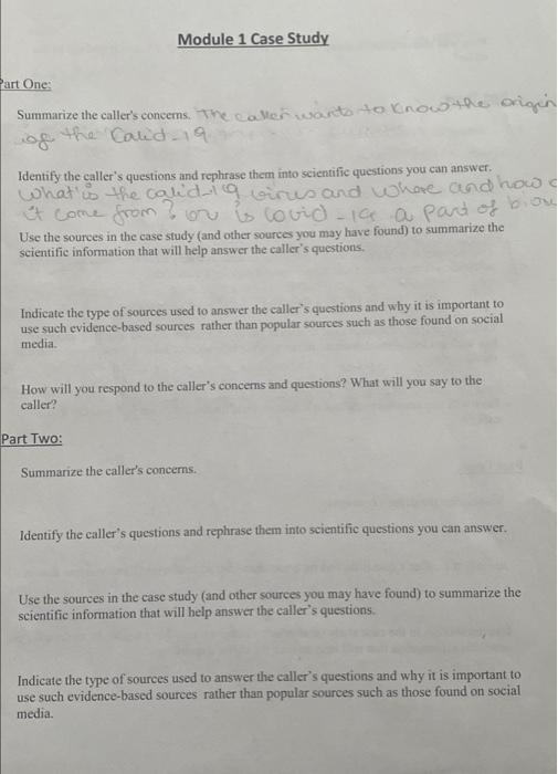 Solved Part One: Module 1 Case Study Summarize the caller's | Chegg.com