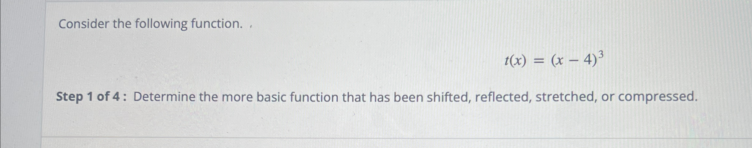 Solved Consider the following function.t(x)=(x-4)3Step 1 ﻿of | Chegg.com