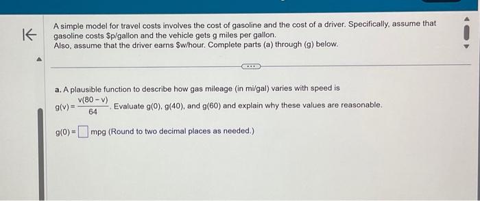 Solved A simple model for travel costs involves the cost of | Chegg.com