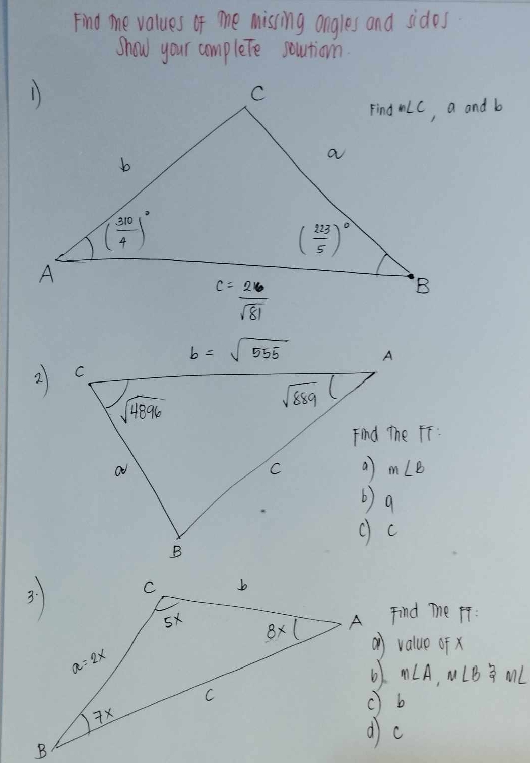 Solved Find the values of the missing ongles and sides Show | Chegg.com