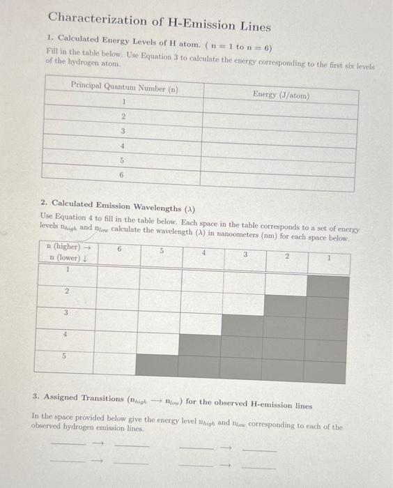 Solved Characterization of H-Emission Lines 1. Calculated | Chegg.com