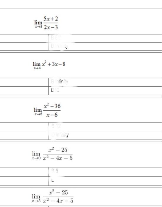 Solved limx→32x−35x+2 limx→4x2+3x−8 limx→0x2−4x−5x2−25 | Chegg.com