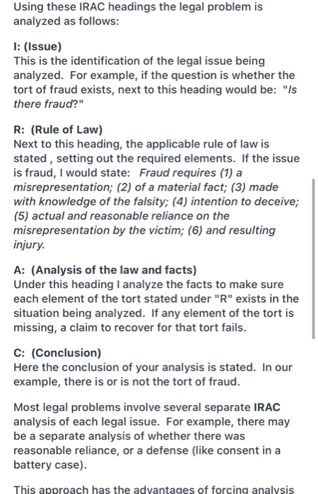 Using these IRAC headings the legal problem is | Chegg.com