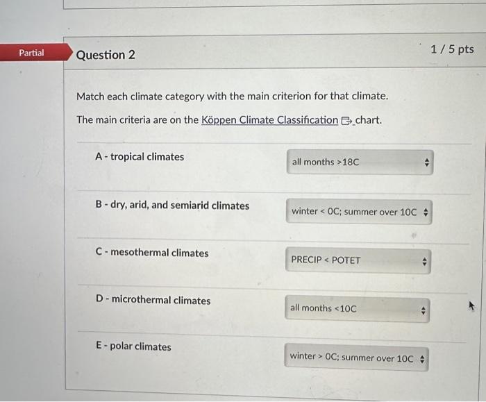 Solved Match each climate category with the main criterion | Chegg.com