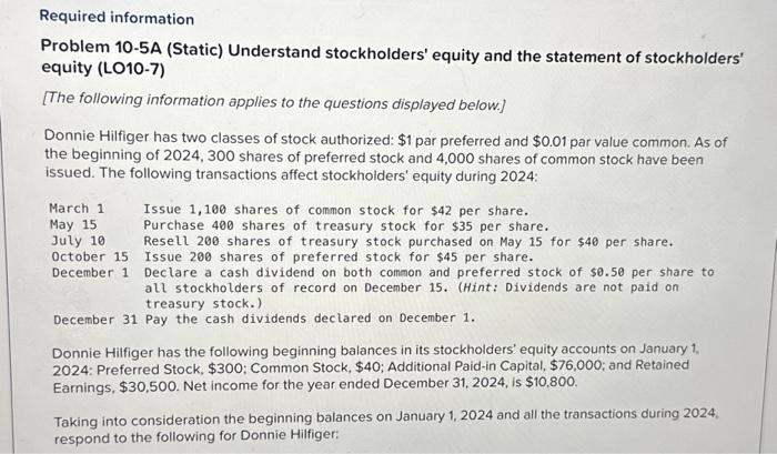Solved Problem 10-5A (Static) Understand stockholders' | Chegg.com