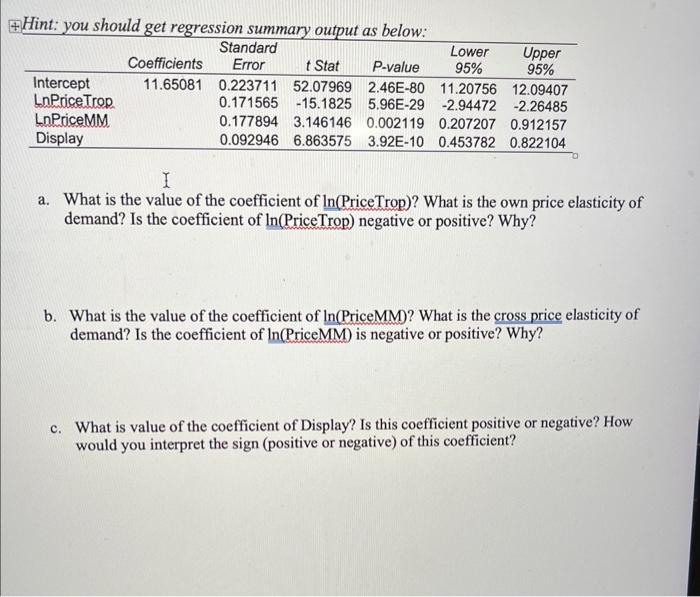 Solved PriceTrop and PriceMM. ln( SalesTrop )=a+b1×ln( | Chegg.com