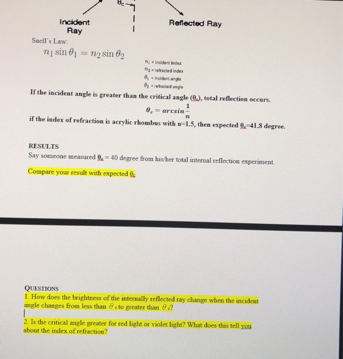 Solved Snell's Law Experiment. In order to determine the | Chegg.com