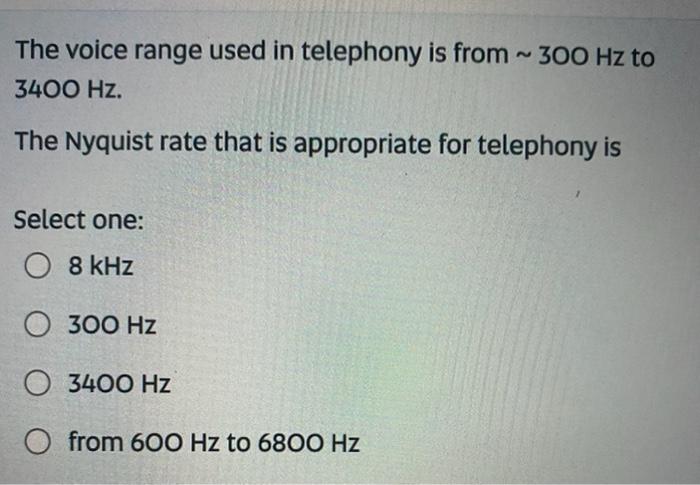 Solved The voice range used in telephony is from ~ 300 Hz to | Chegg.com