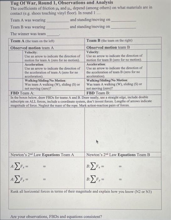Tug Of War, Round 1, Observations and Analysis The | Chegg.com