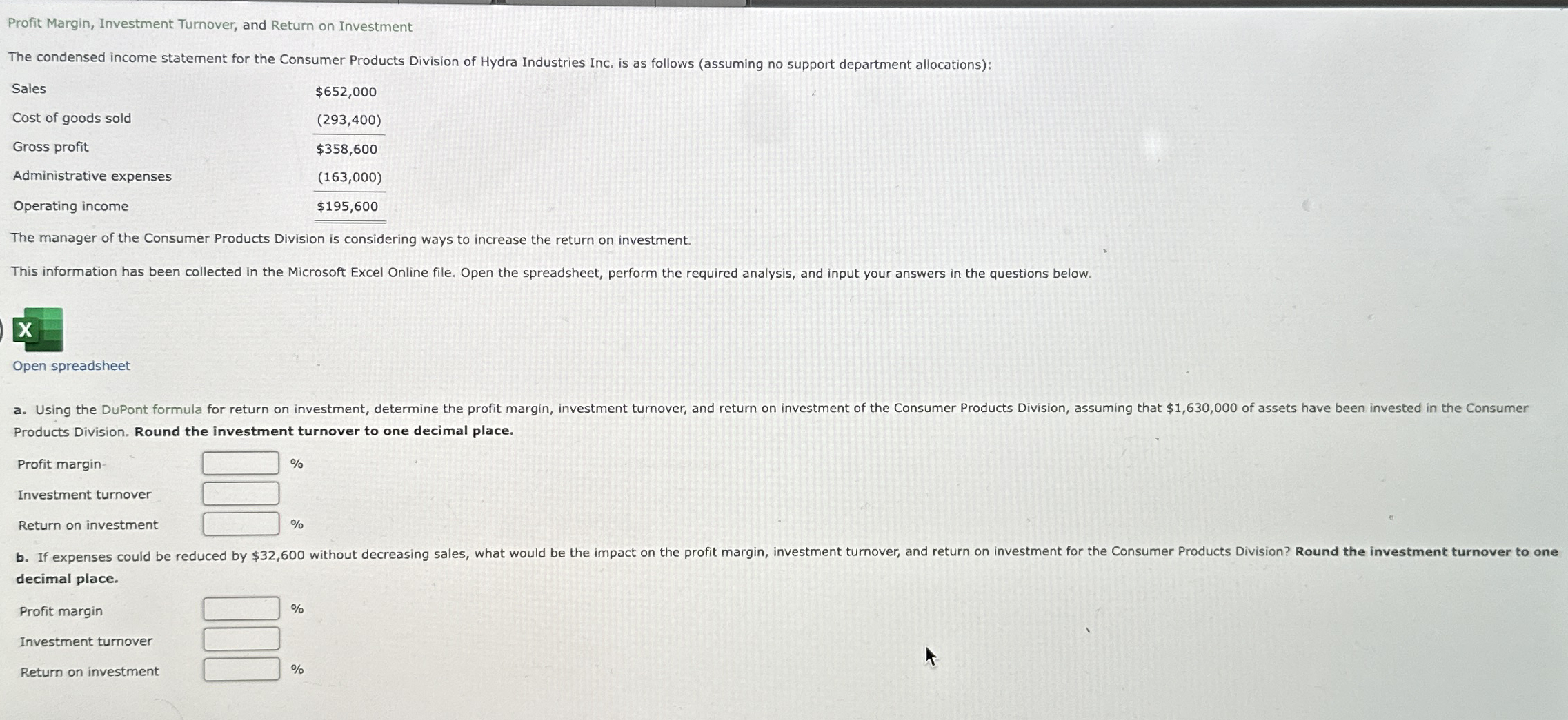 Solved Profit Margin, Investment Turnover, and Return on | Chegg.com