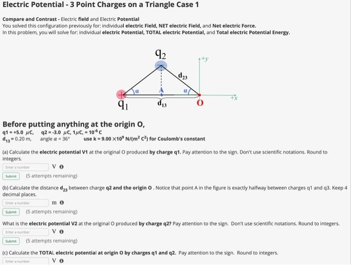 Solved Electric Potential - 3 Point Charges on a Triangle | Chegg.com