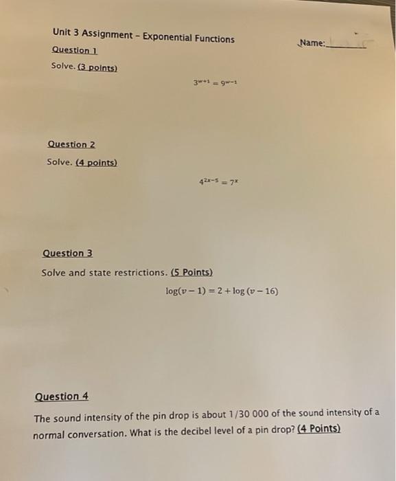 Solved Unit 3 Assignment - Exponential Functions Question 1 | Chegg.com