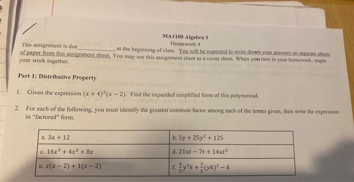 Solved MA1100 Algebra 1 Homework 4 This assignment is due at | Chegg.com