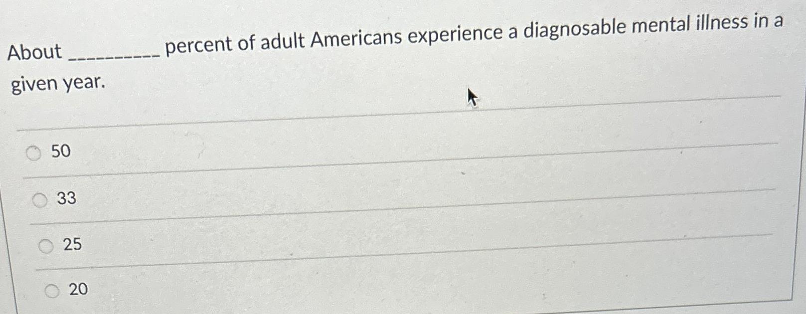 Solved About percent of adult Americans experience a | Chegg.com