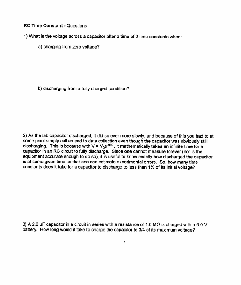 Solved RC Time Constant - ﻿Questions1) ﻿What is the voltage | Chegg.com