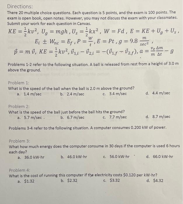 Solved Directions: There 20 multiple choice questions. Each | Chegg.com