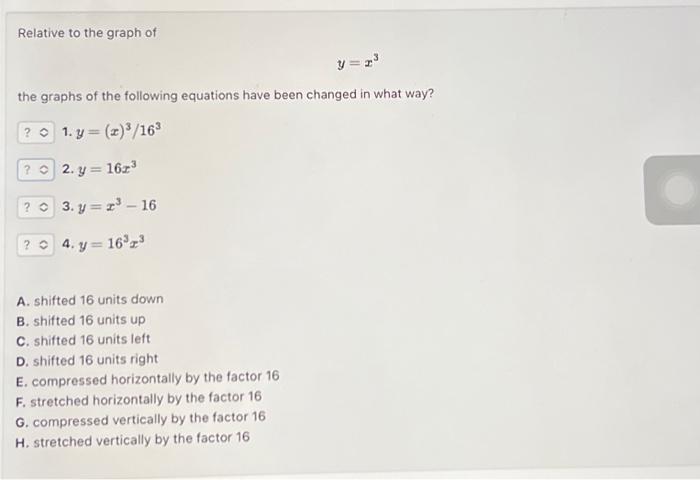 Solved Relative to the graph of y=x3 the graphs of the | Chegg.com