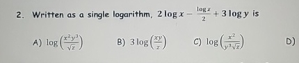 Solved Written as a single logarithm, 2logx-logz2+3logy | Chegg.com