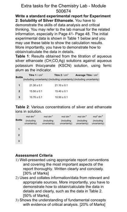 Extra tasks for the Chemistry Lab - Module 500674 | Chegg.com