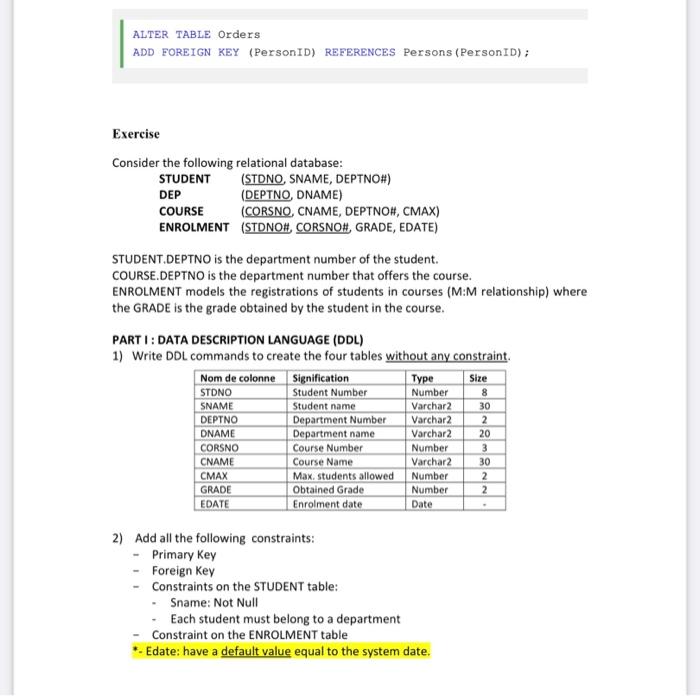 Solved ALTER TABLE Orders ADD FOREIGN KEY (PersonID) | Chegg.com