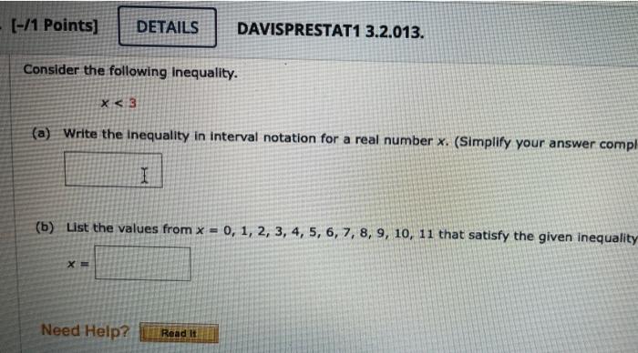Solved [-/1 Points] DETAILS DAVISPRESTAT1 3.2.013. Consider | Chegg.com