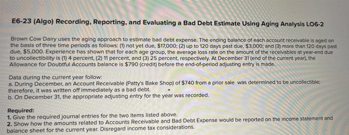 Solved E6-23 (Algo) Recording, Reporting, and Evaluating a | Chegg.com