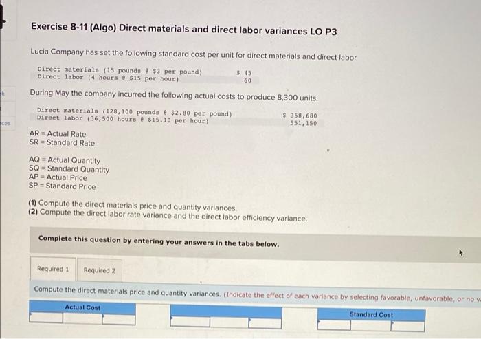 Solved Exercise 8-11 (Algo) Direct materials and direct | Chegg.com