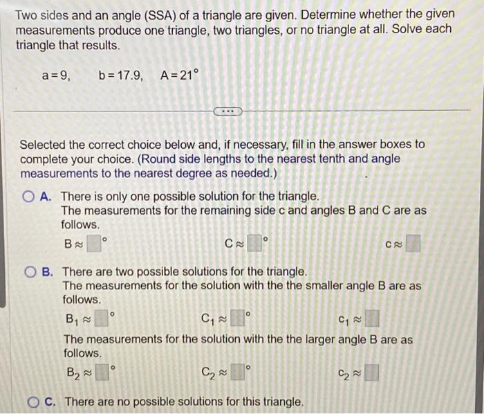 Solved Two sides and an angle (SSA) of a triangle are given. | Chegg.com