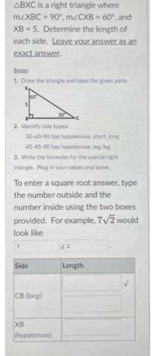 Solved BXC is a right triangle where m∠XBC=90∘,m∠CXB=60∘, | Chegg.com
