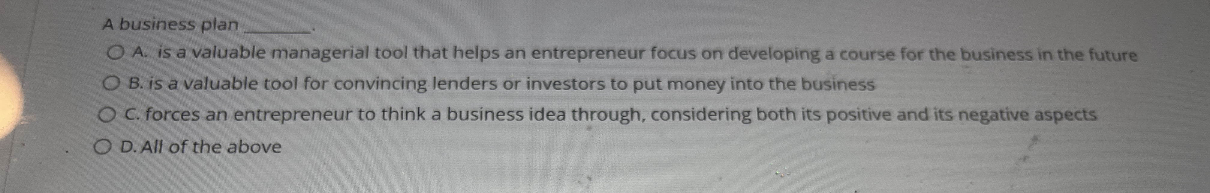 Solved A business plan q,A. ﻿is a valuable managerial tool | Chegg.com
