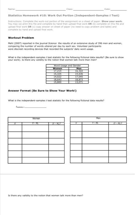 Solved Name Data Statistics Homework #10: Work Out Portion | Chegg.com