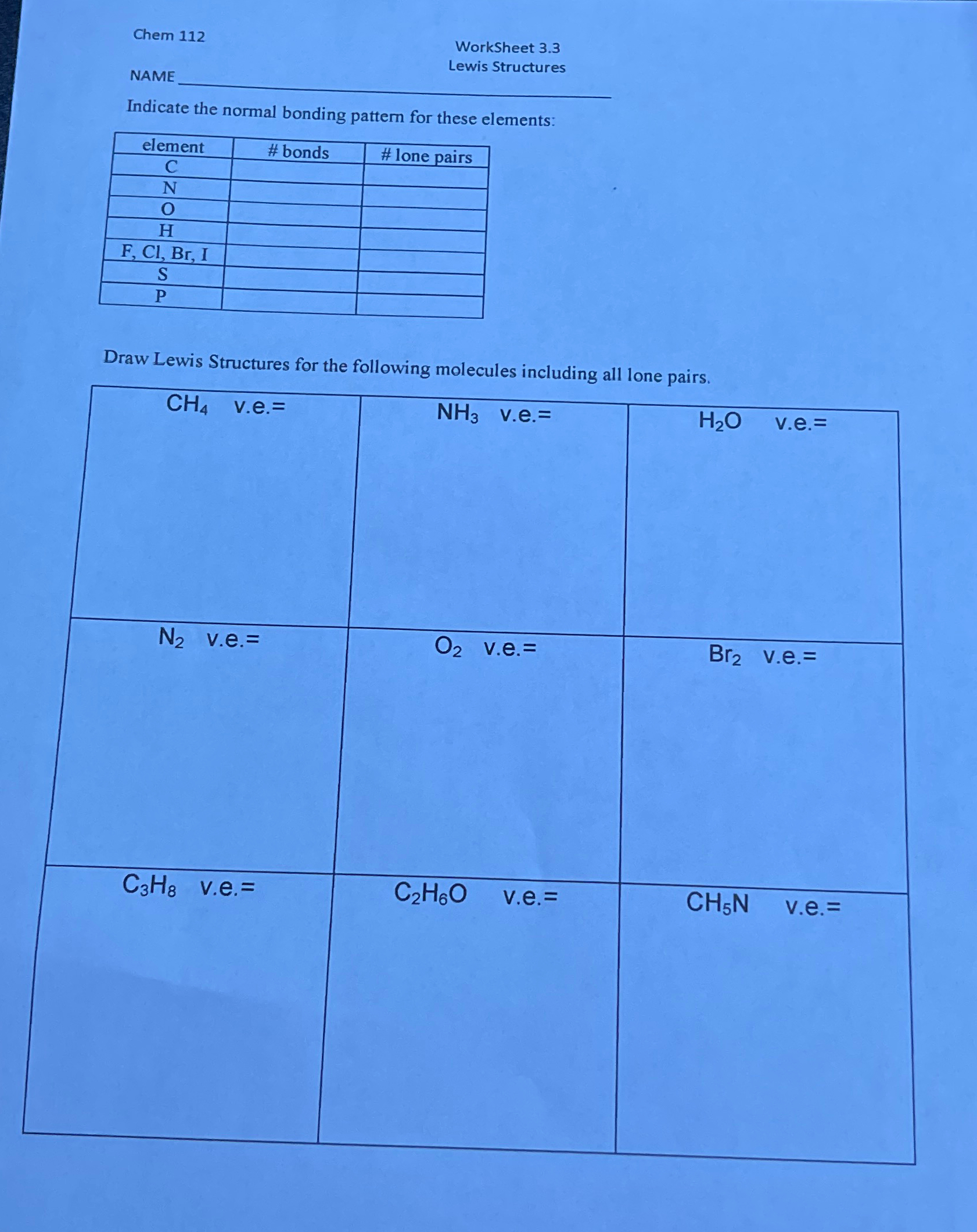 Solved Chem 112WorkSheet 3.3NAMELewis StructuresIndicate the | Chegg.com
