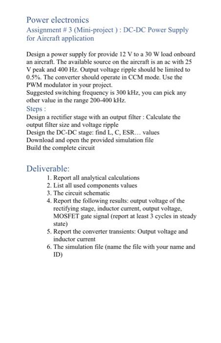 Solved Power electronics Assignment # 3 (Mini-project): | Chegg.com