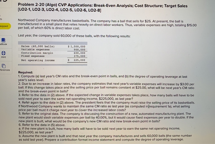 Solved Problem 2-20 (Algo) CVP Applications: Break-Even | Chegg.com