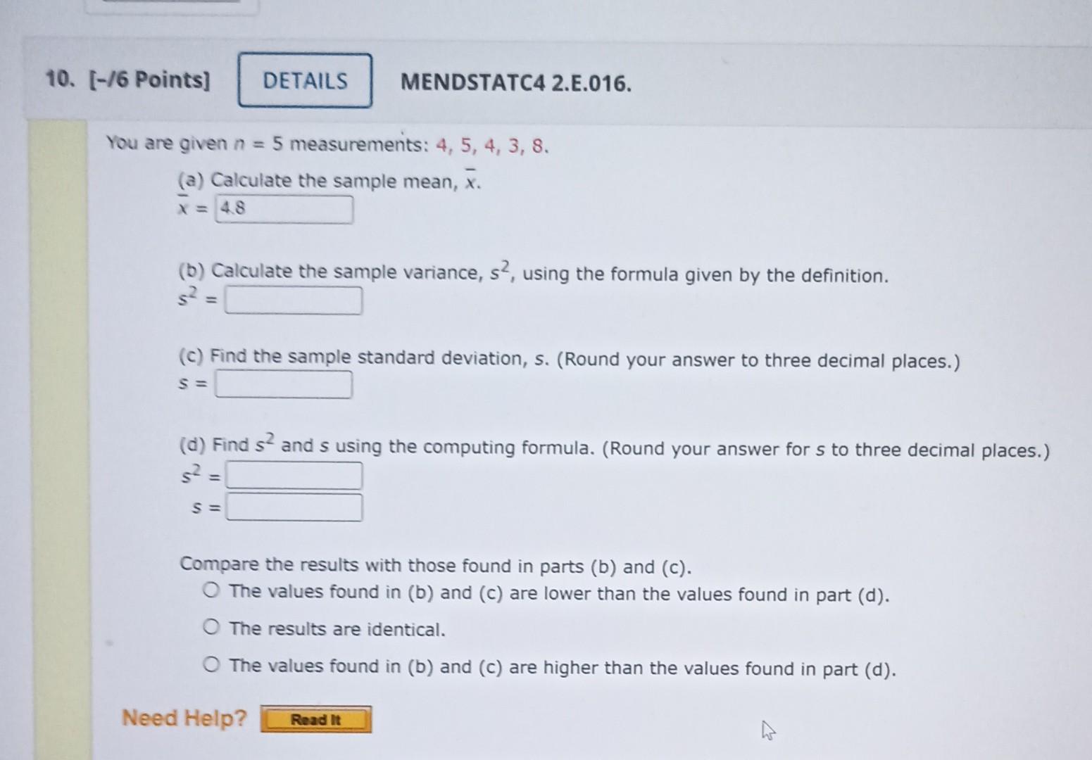 Solved are given n=5 measurements: 4,5,4,3,8. (a) Calculate | Chegg.com