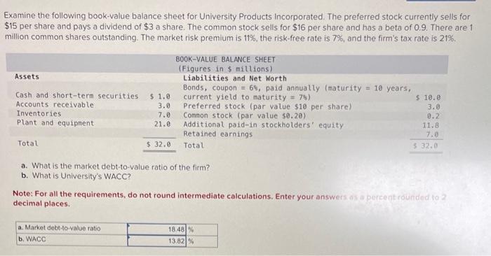 Solved Examine the following book-value balance sheet for | Chegg.com
