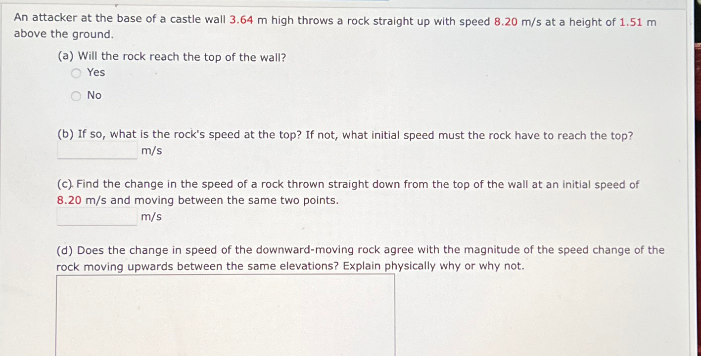 Solved An attacker at the base of a castle wall 3.64m ﻿high | Chegg.com