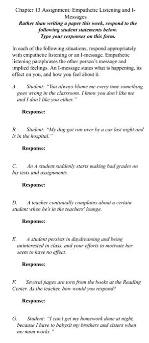 Solved Chapter 13 Assignment: Empathetic Listening and I- | Chegg.com