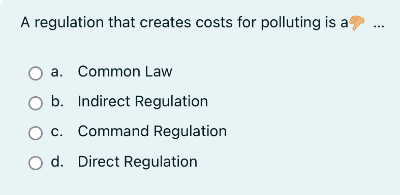 Solved A regulation that creates costs for polluting is a | Chegg.com