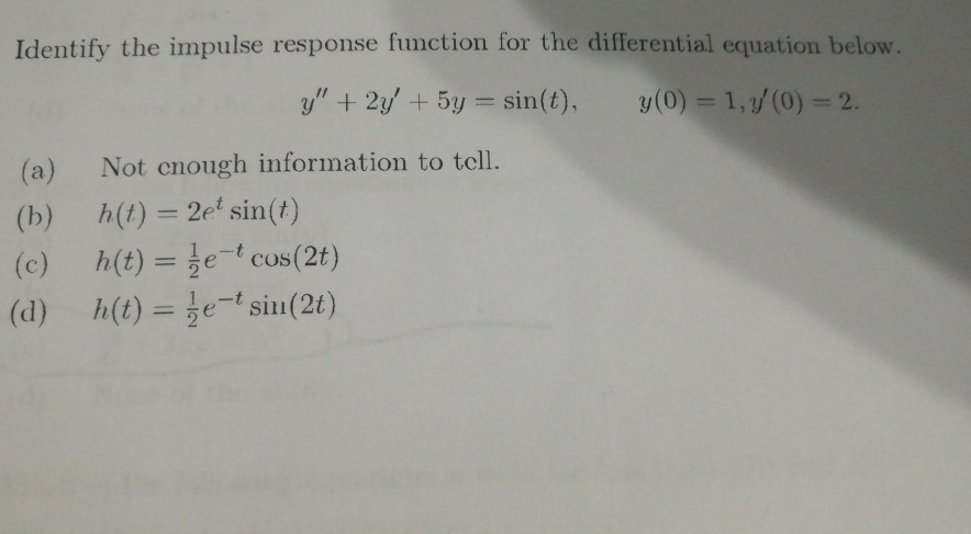 Solved Identify the impulse response function for the | Chegg.com